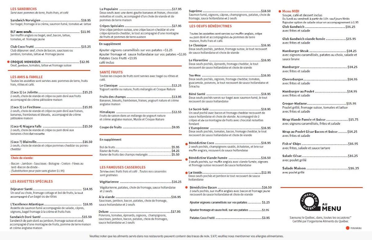 Menu au Coco Frutti restaurant, Laval