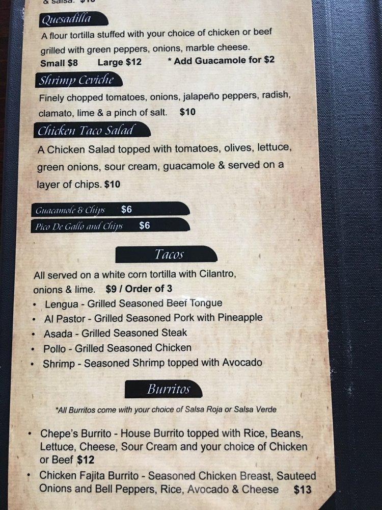 Menu at Don Chepe's restaurant, Surrey