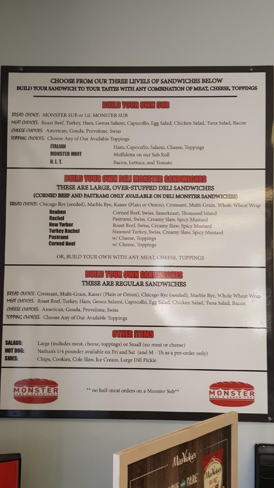 Menu at Monster Subs & Sandwiches restaurant, Gulfport