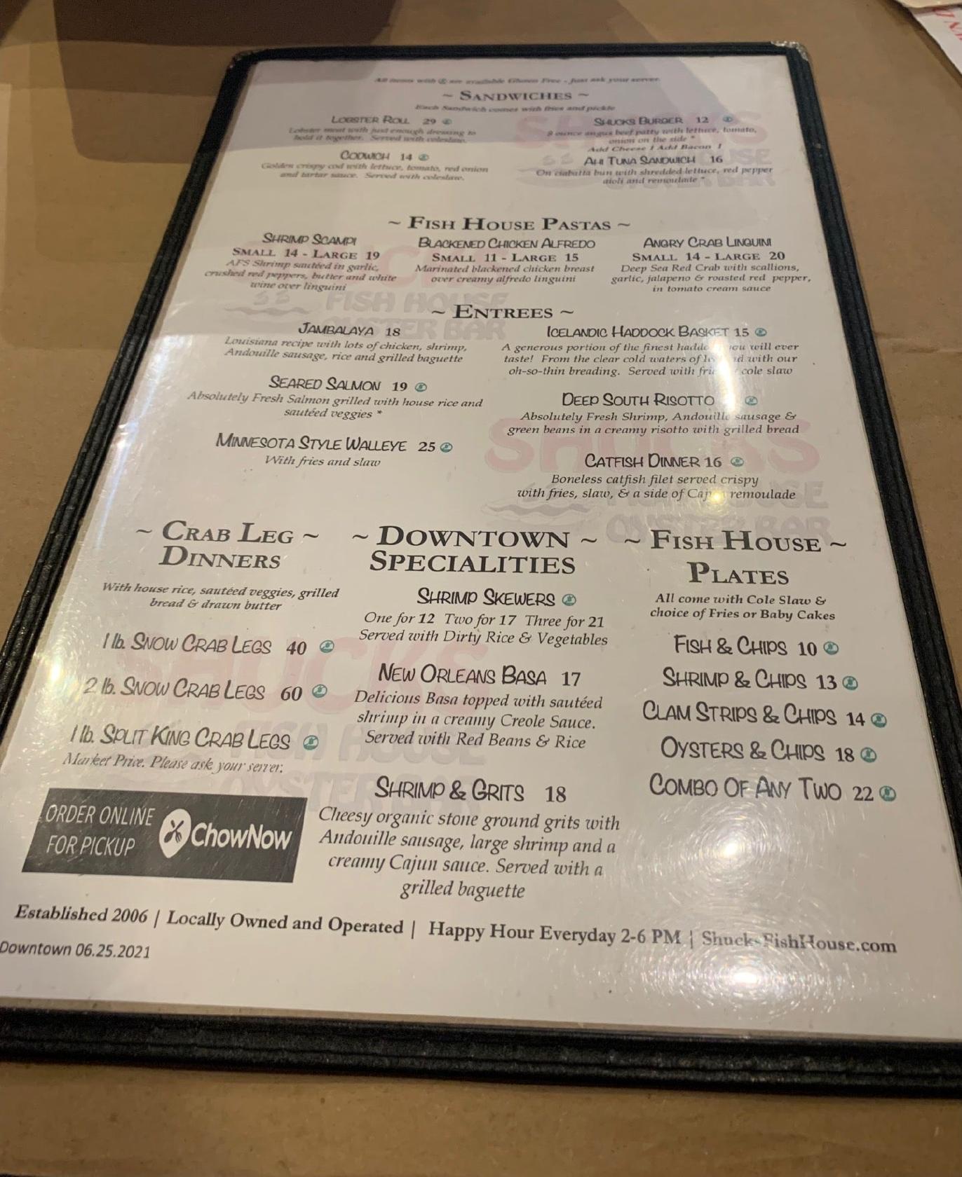 Menu at Shucks Fish House & Oyster Bar, Omaha, Leavenworth St