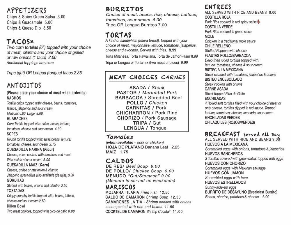 Menu at Tacos La Tia restaurant, Muskogee, 604 East Side Blvd