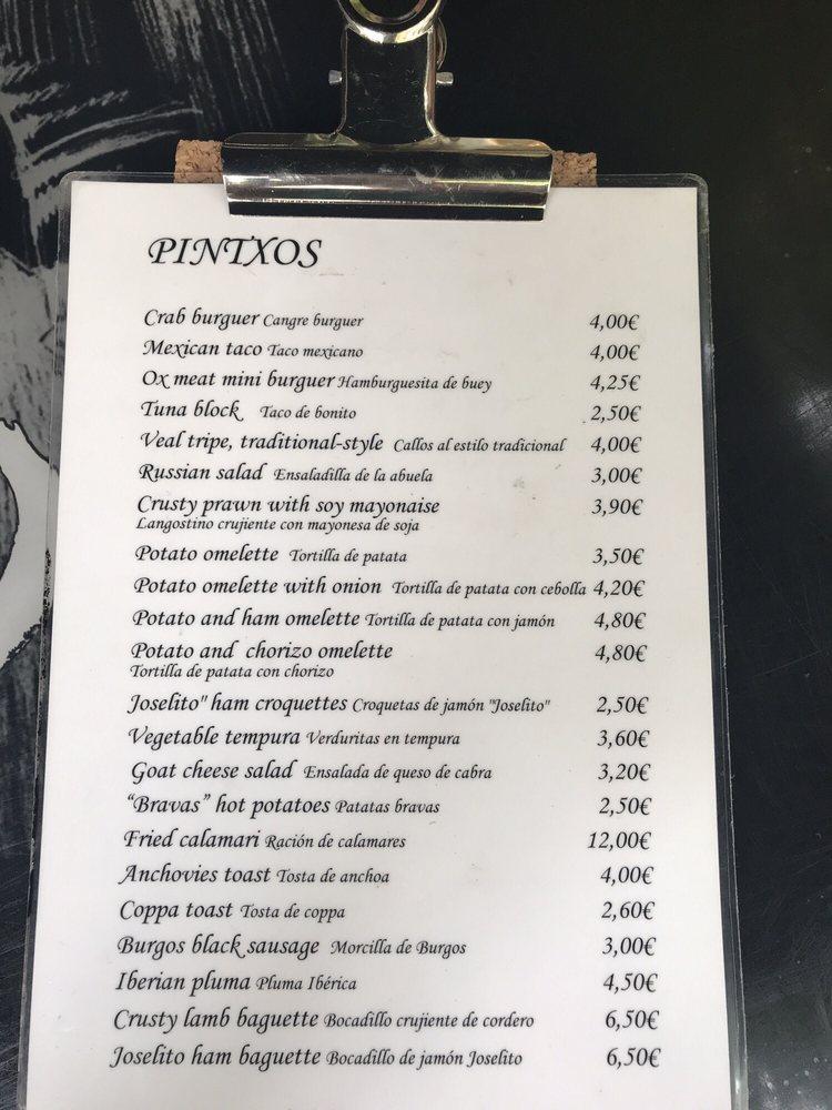Menu at Vinoteca Bernardina pub & bar, San Sebastián