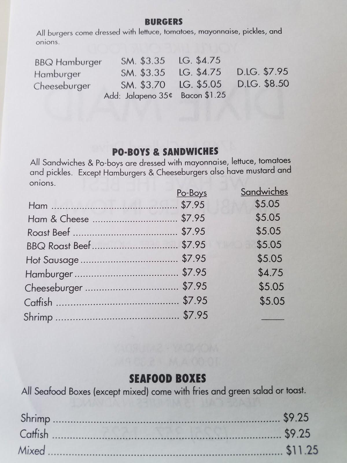 Menu at Dixie Maid Drive-In restaurant, Baton Rouge