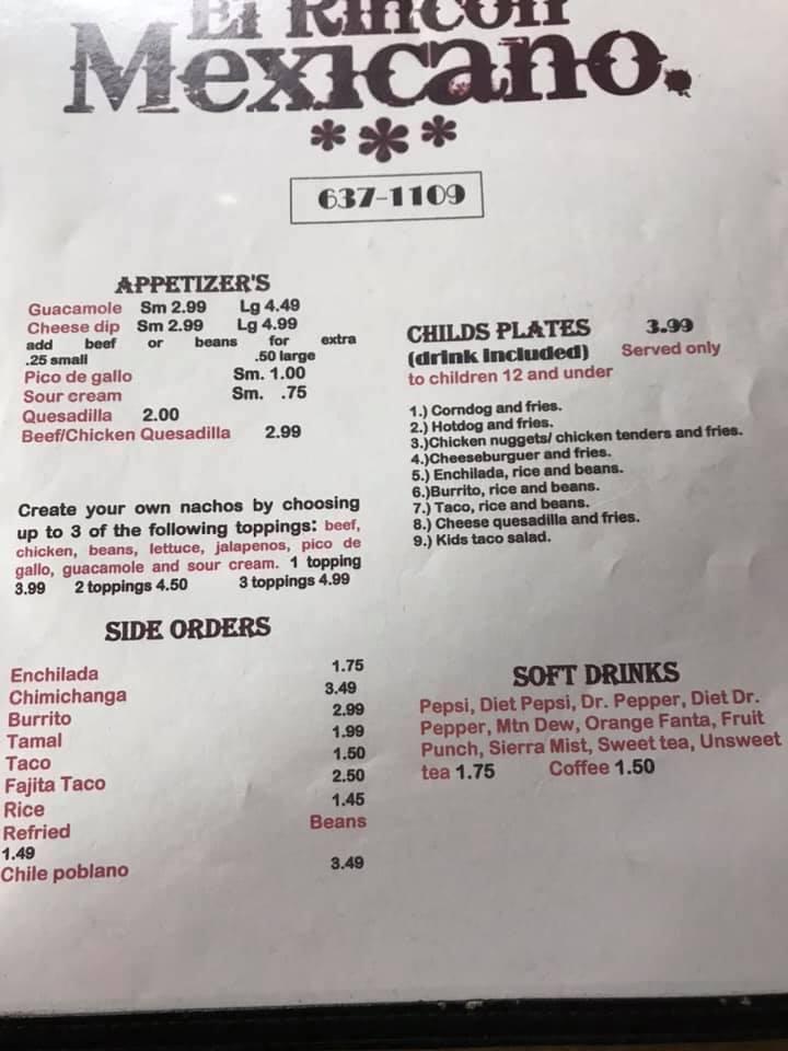 Menu at El Rincon Mexicano restaurant, Waldron