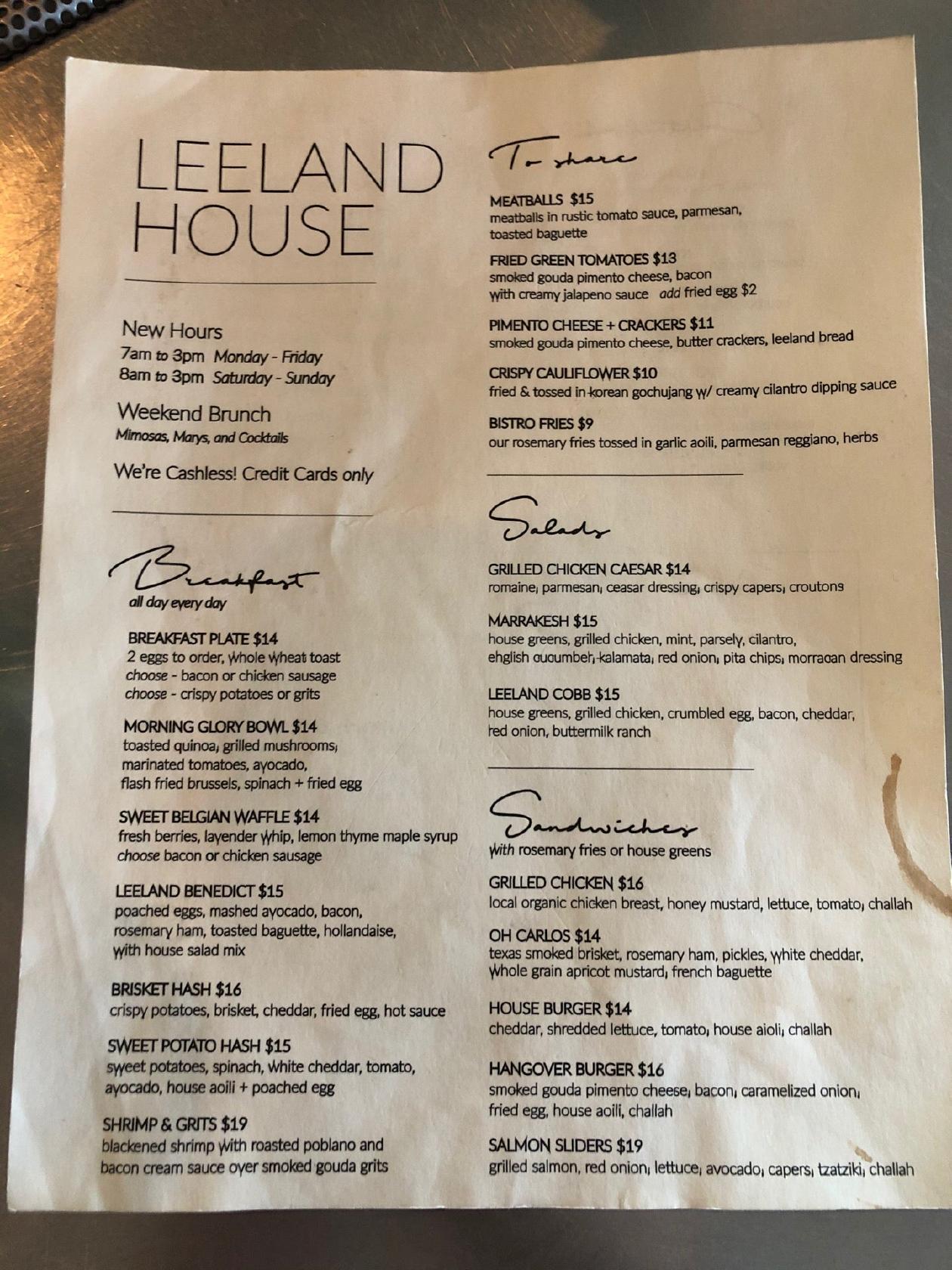 Menu at Leeland House pub & bar, Houston
