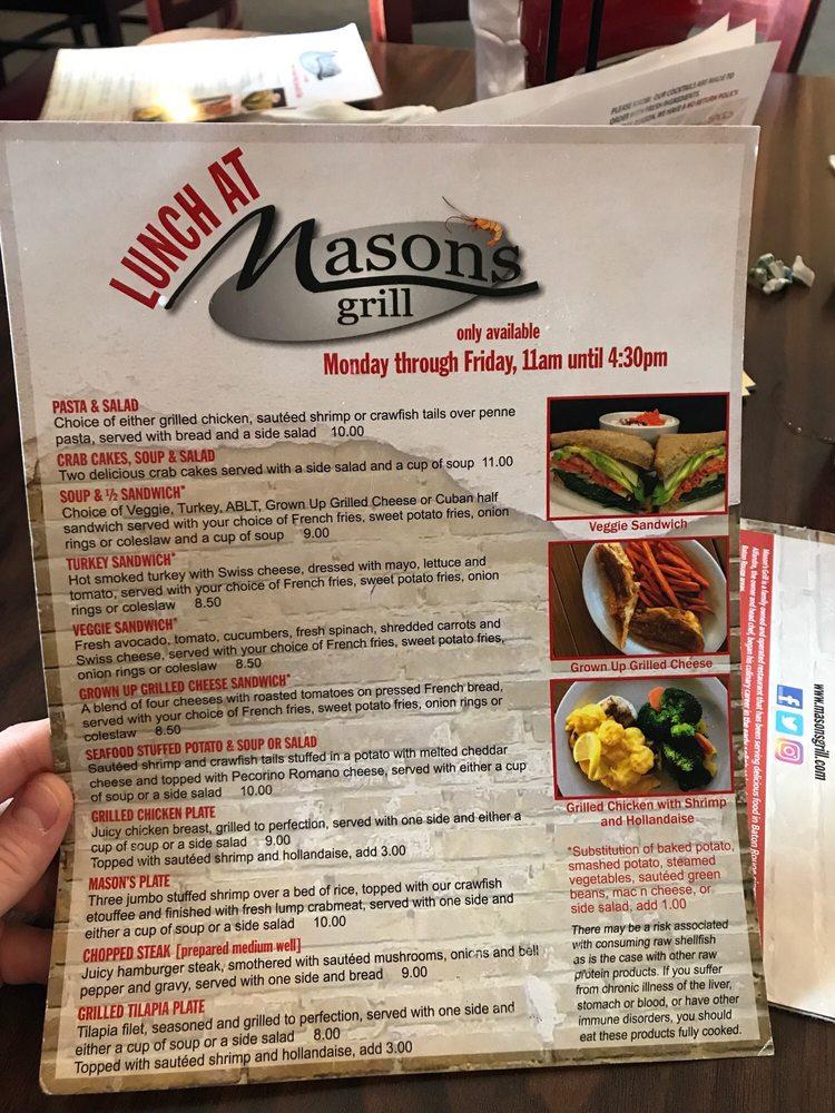 Menu at Mason's Grill restaurant, Baton Rouge