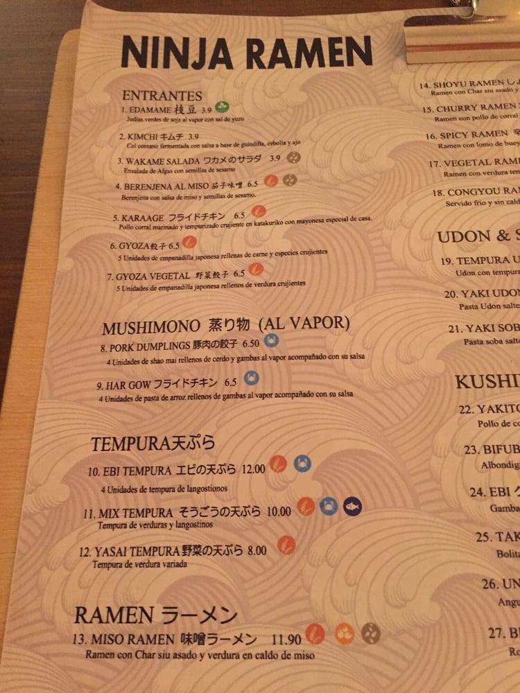 Carta de Ninja Ramen Restaurante, Madrid
