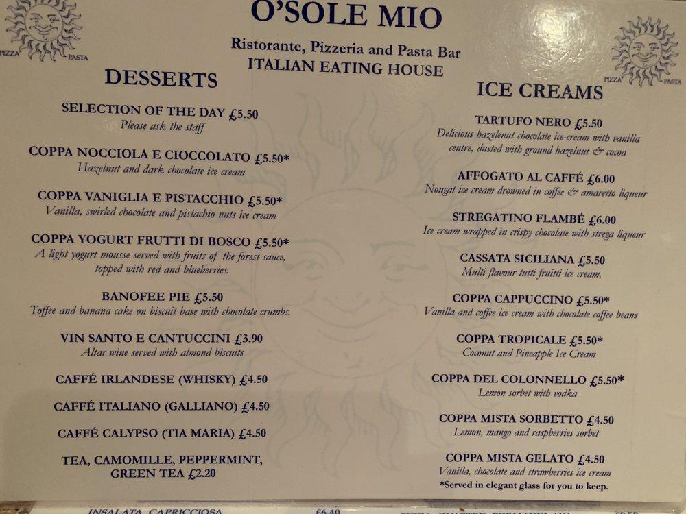 Menu at O'Sole Mio restaurant, London