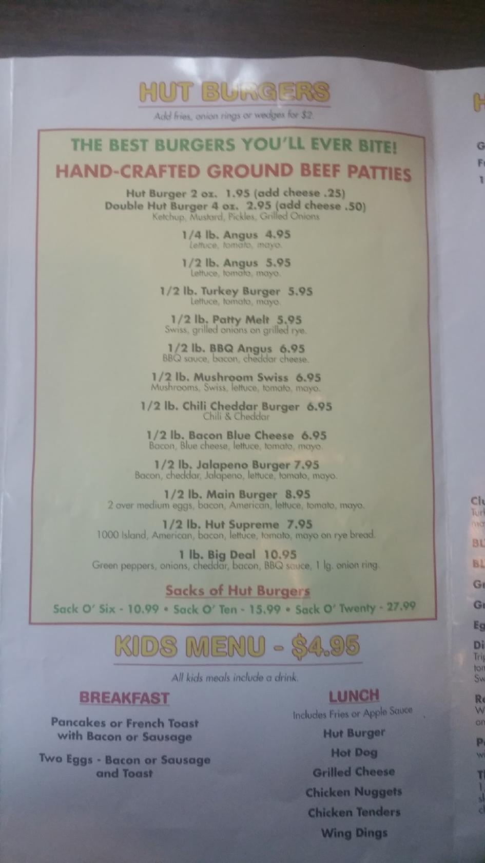 Menu at The Hut Diner restaurant, Redford Charter Township