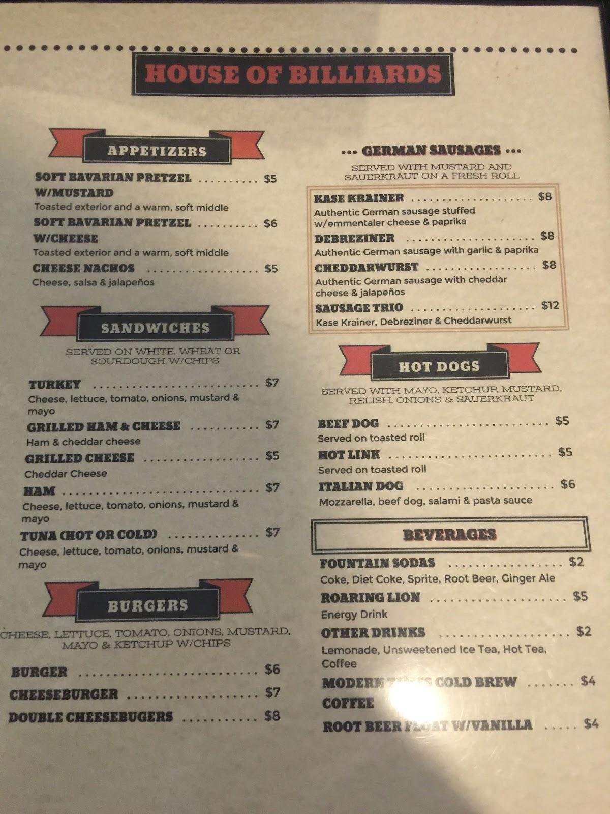 Menu at House of Billiards pub & bar, Los Angeles