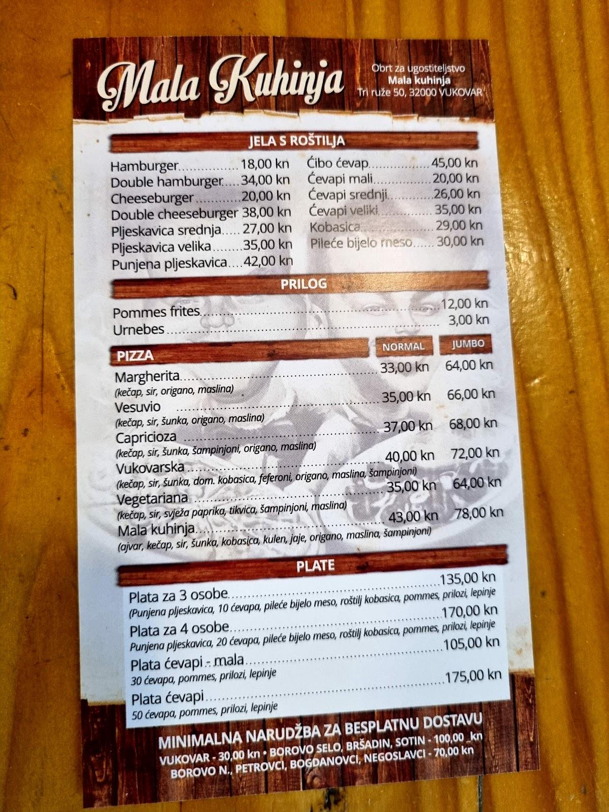 Carta del restaurante Mala Kuhinja, Vukovar