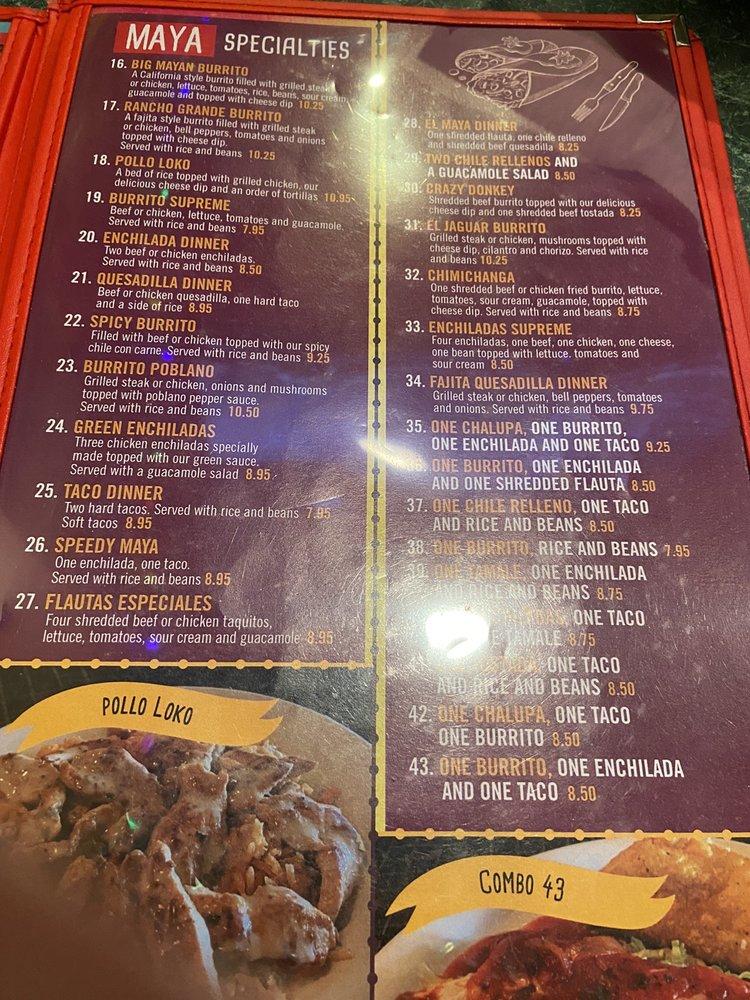 Menu at Maya Mexican Restaurant, Homewood