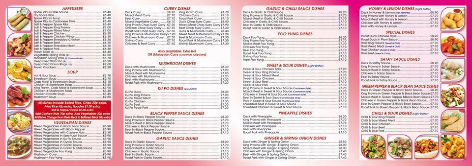 Menu at Mr Sun's Chinese Takeaway restaurant, Barrow-in-Furness