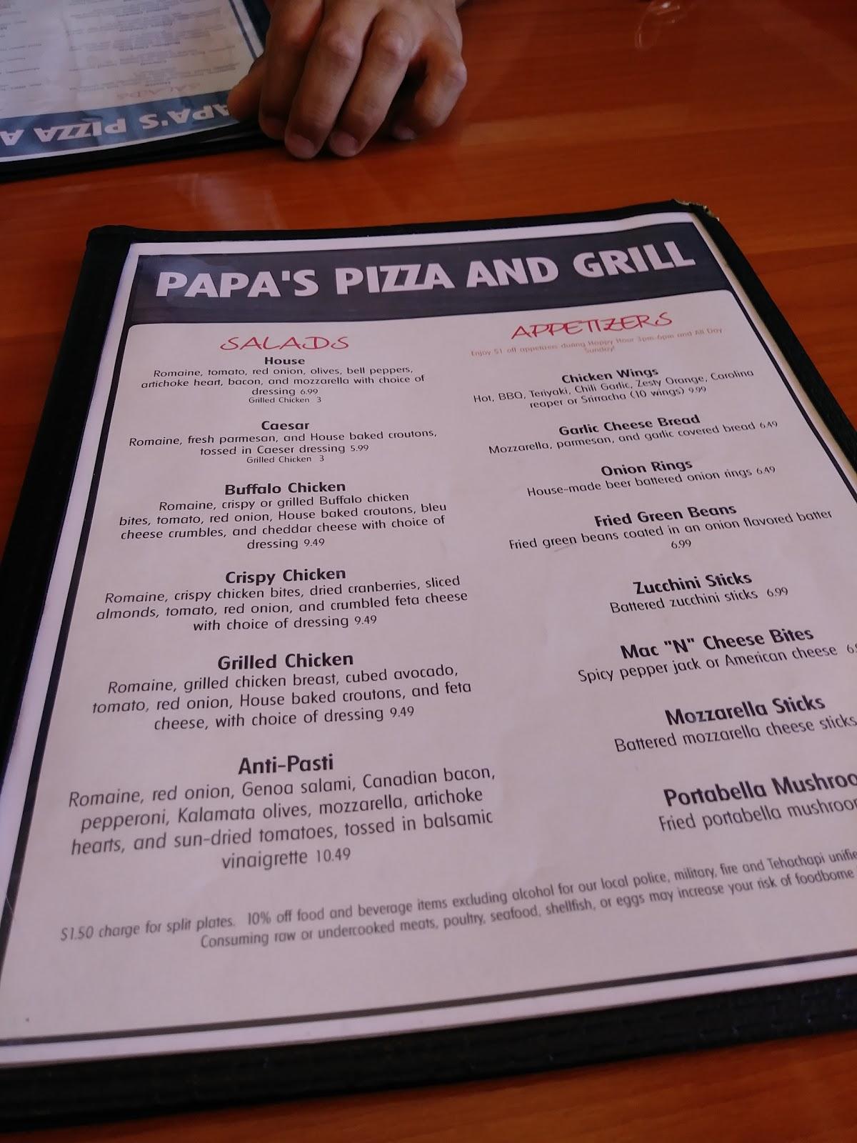 Menu at Papa’s House pizzeria, Tehachapi