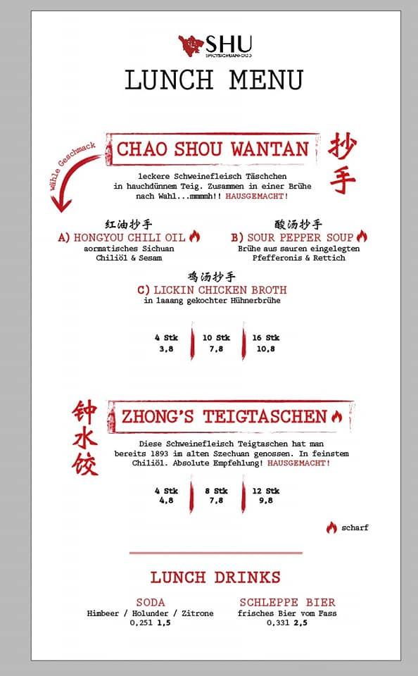 Menu at SHU Spicy Sichuan Food restaurant, Vienna
