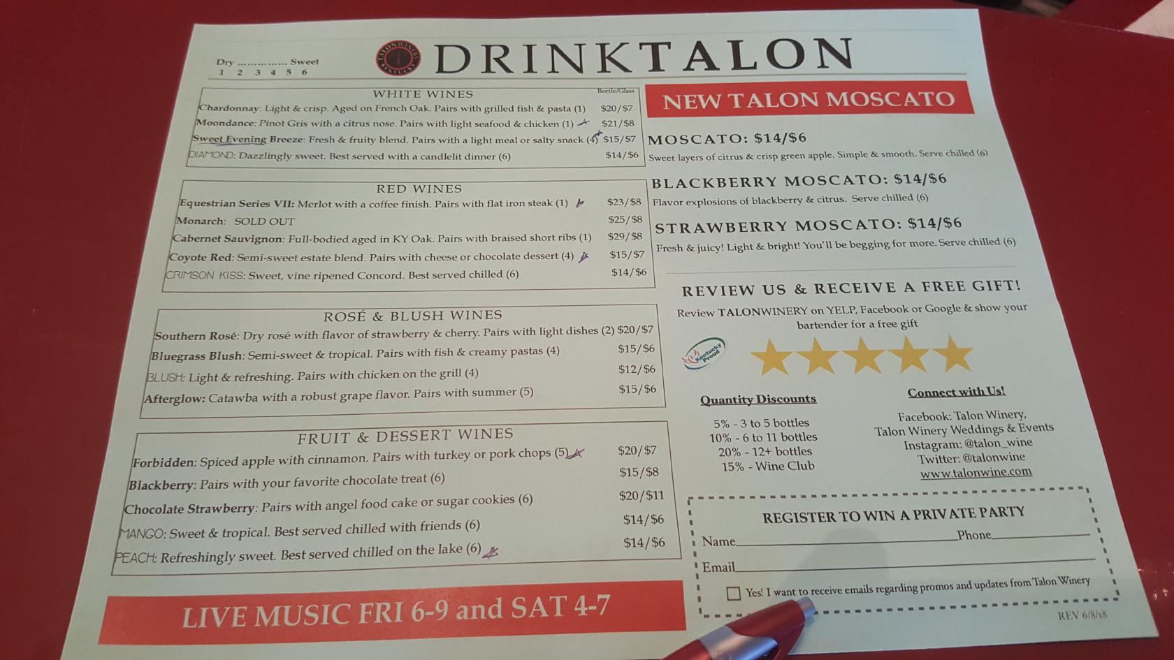 Menu at Talon Winery & Vineyards pub & bar, Lexington