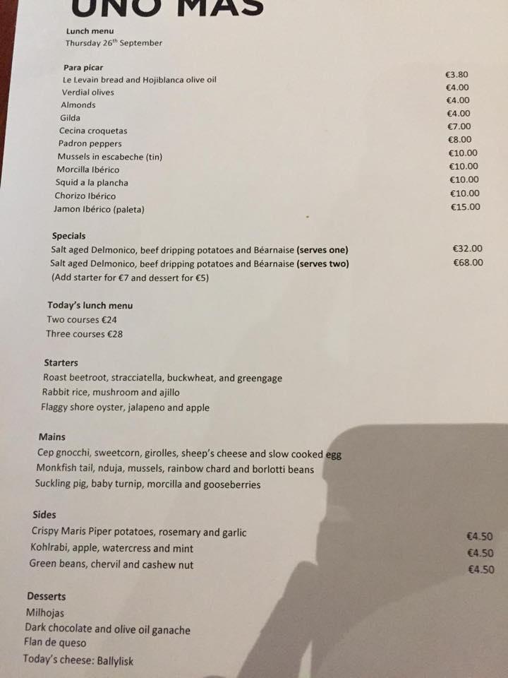 Menu at Uno Mas pub & bar, Dublin