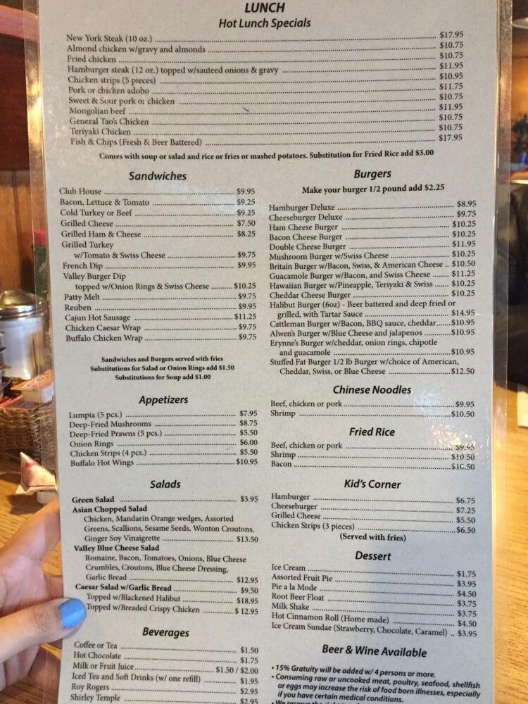 Menu at Valley Restaurant, Juneau, Glacier Hwy
