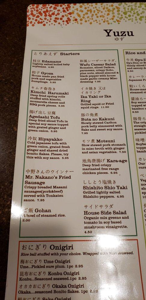 Menu at Yuzu restaurant, Beaverton