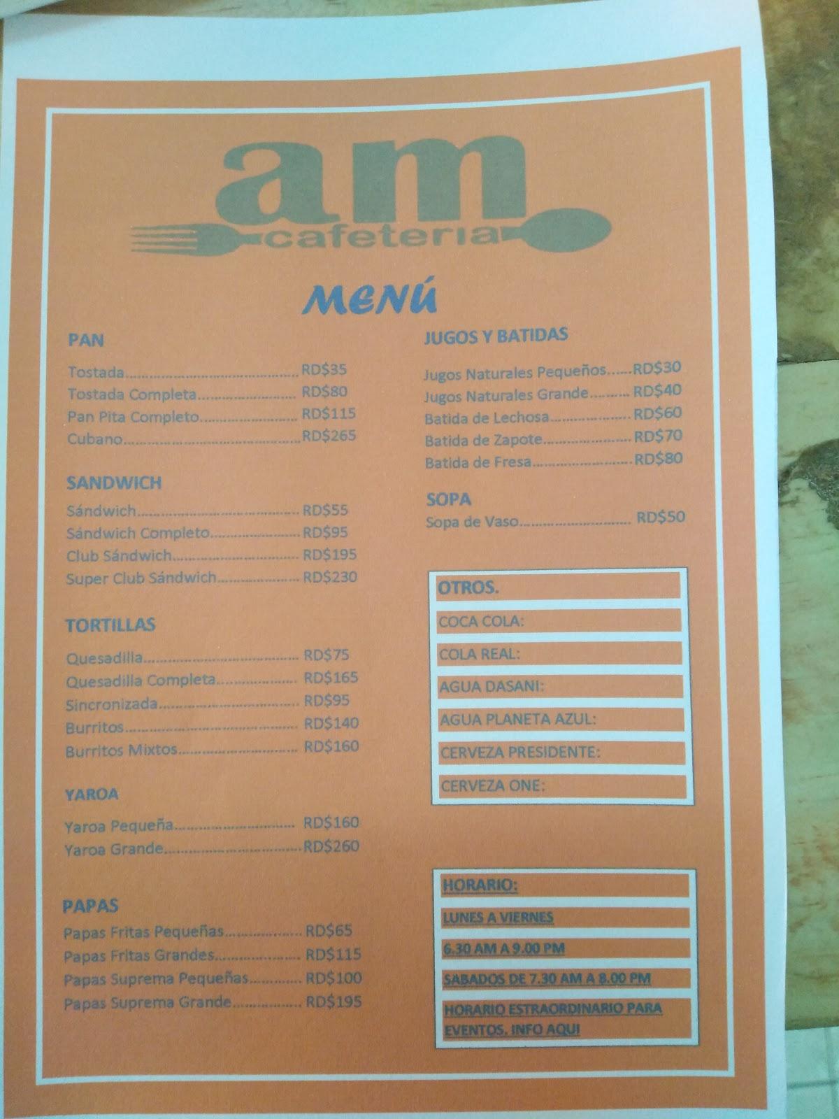 Menu at am cafeteria, Santo Domingo