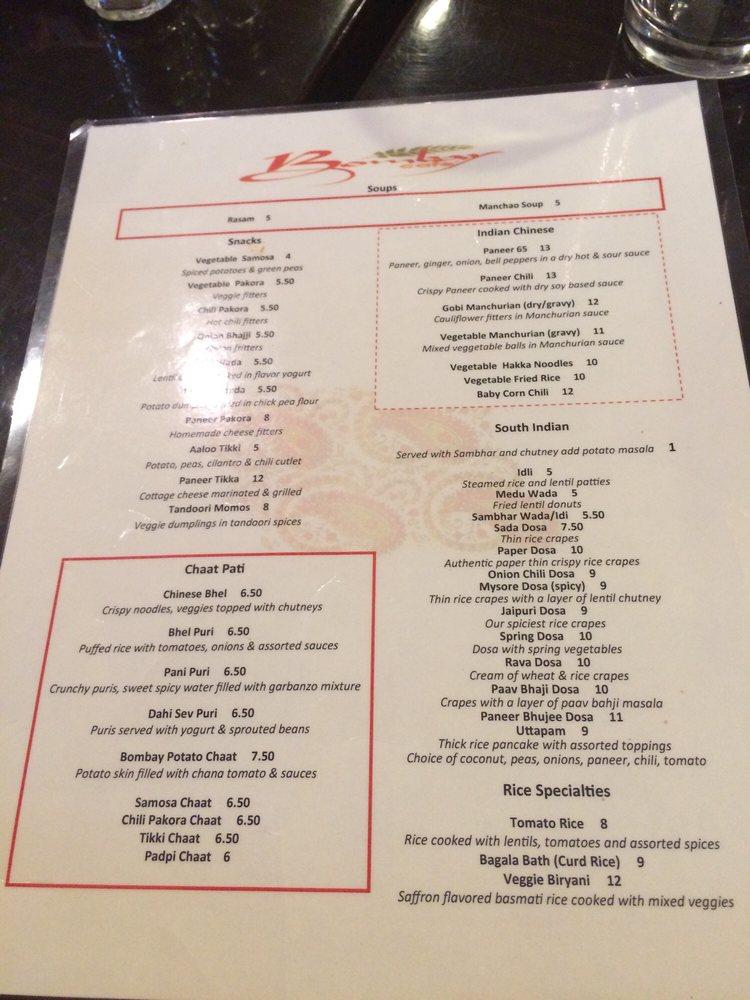 Menu at Bombay Caf restaurant, Orlando
