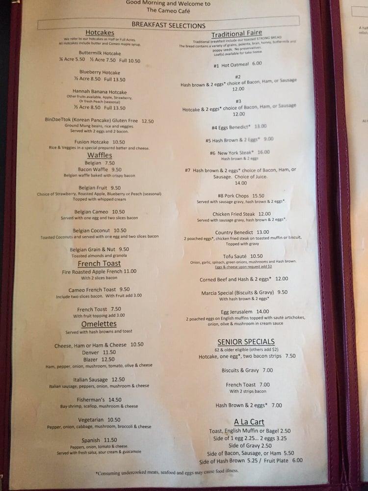 Menu at Cameo Cafe, Vancouver