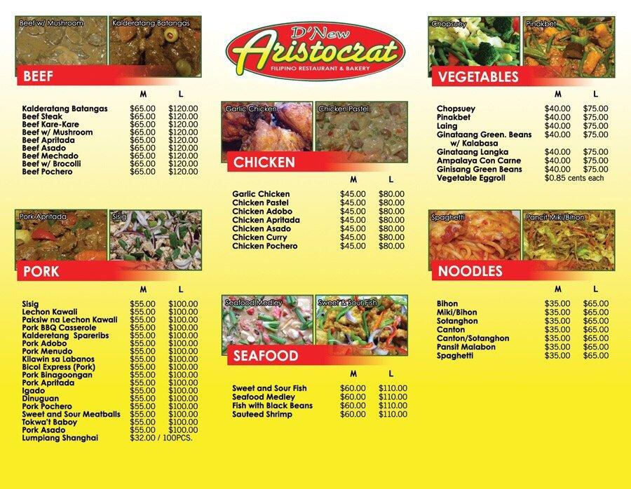Menu at D’New Aristocrat Filipino Restaurant, Los Angeles