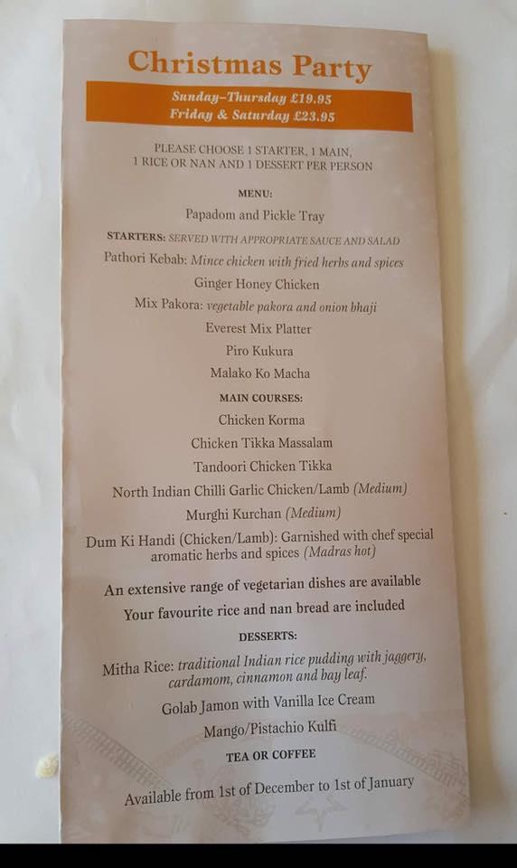 Menu at Everest Inn restaurant, Dunfermline