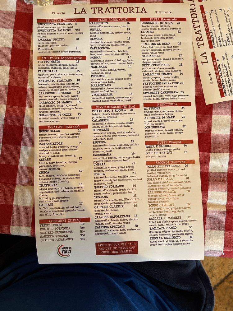 Menu at La Trattoria pizzeria, Naples