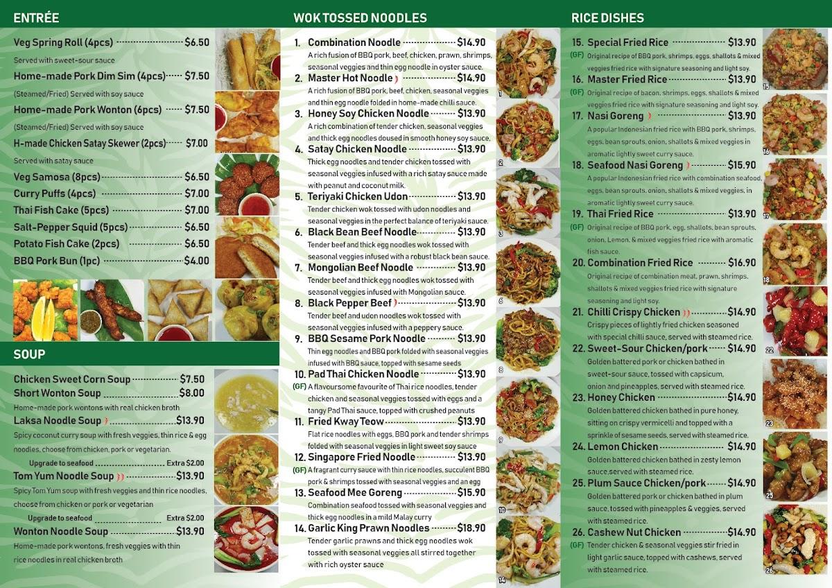Menu at Master Noodle restaurant, Kedron