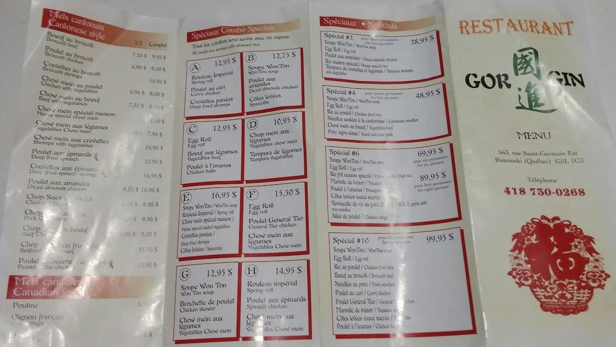 Menu au Restaurant Gorgin, Rimouski, 563 Rue St Germain