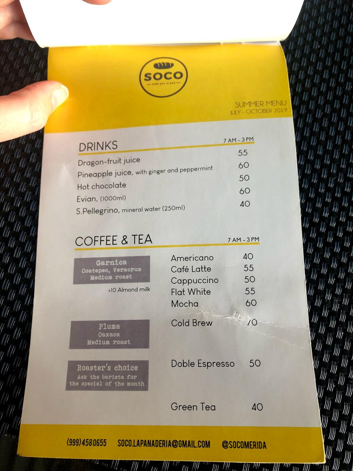 Menu at SOCO Mérida cafe, Merida