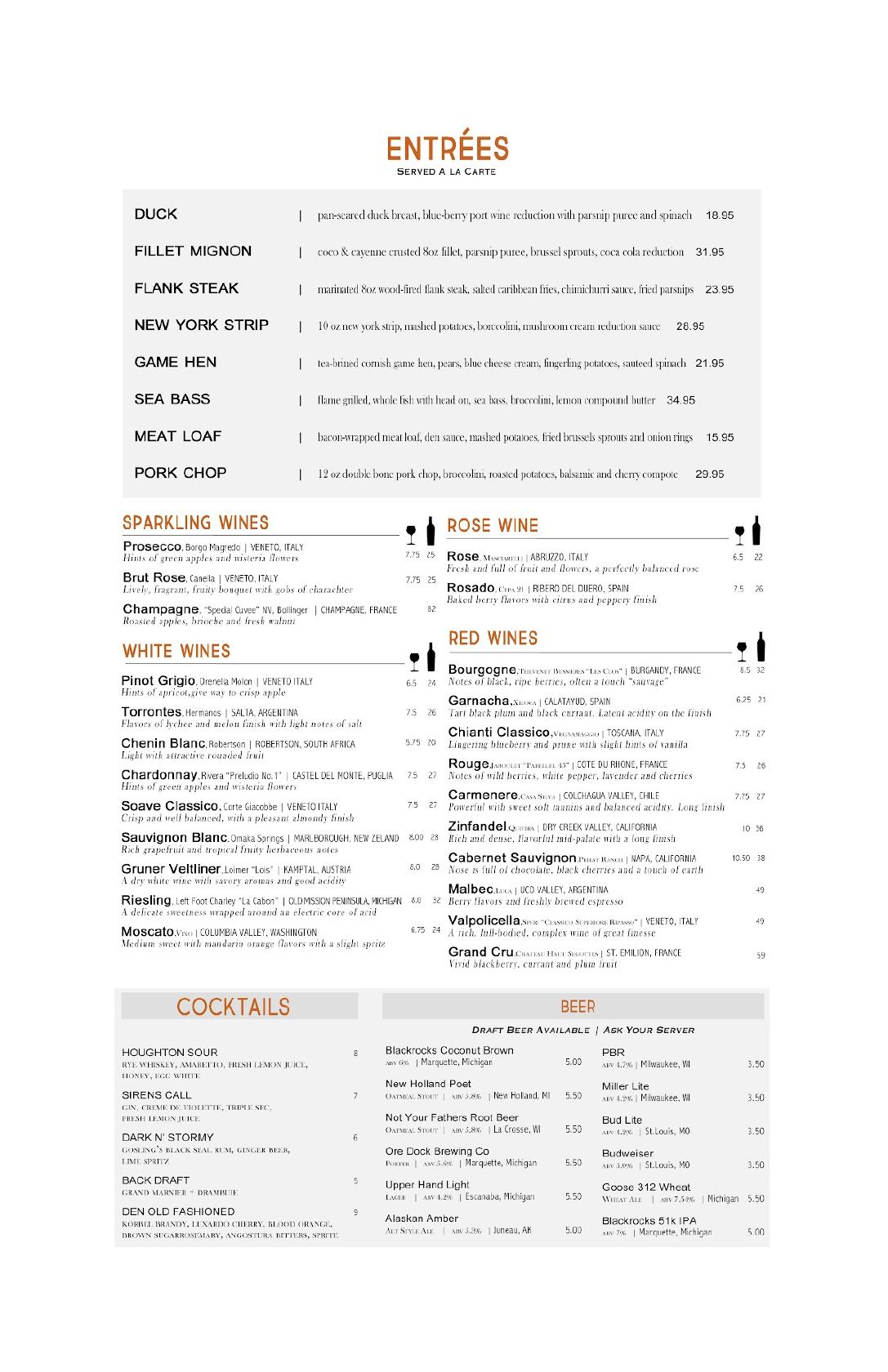 Menu at The Den Restaurant, Houghton