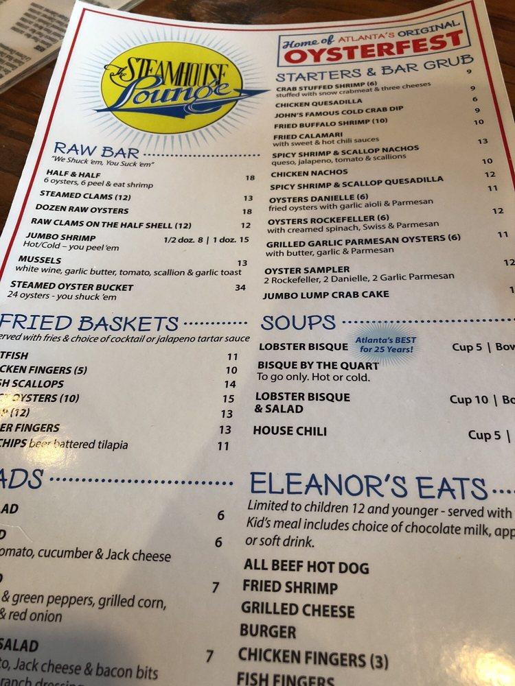 Menu at The Steamhouse Lounge pub & bar, Atlanta, W Peachtree St NW