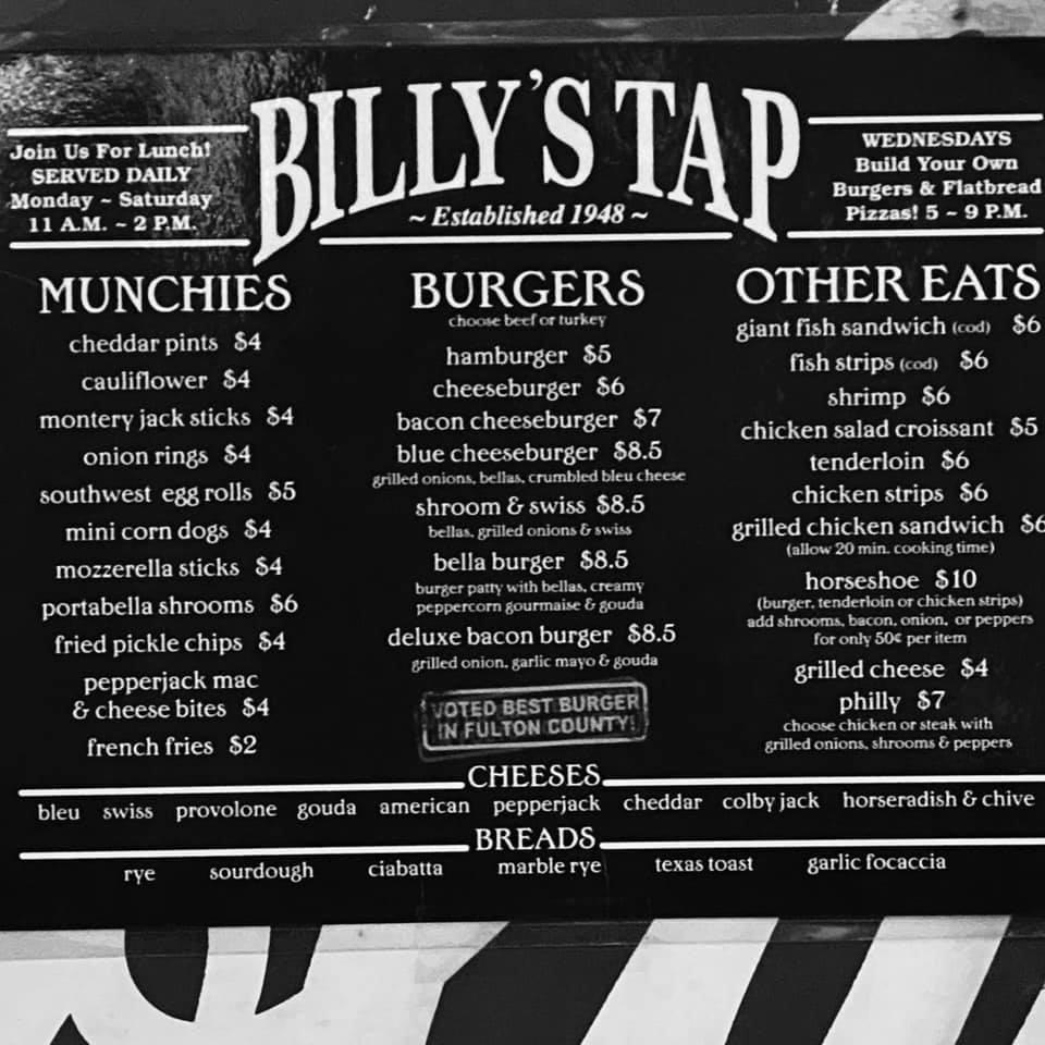 Menu at Billy's Tap pub & bar, Canton