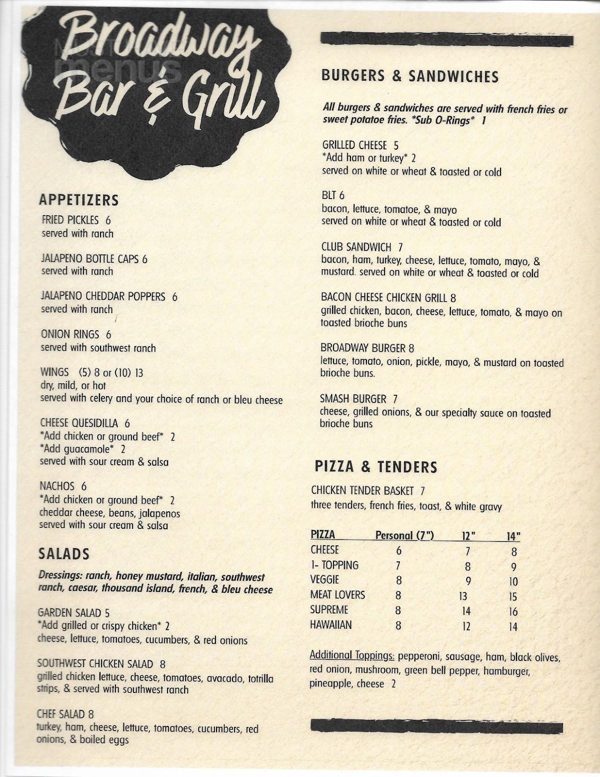 Menu at Broadway Bar, Nordheim