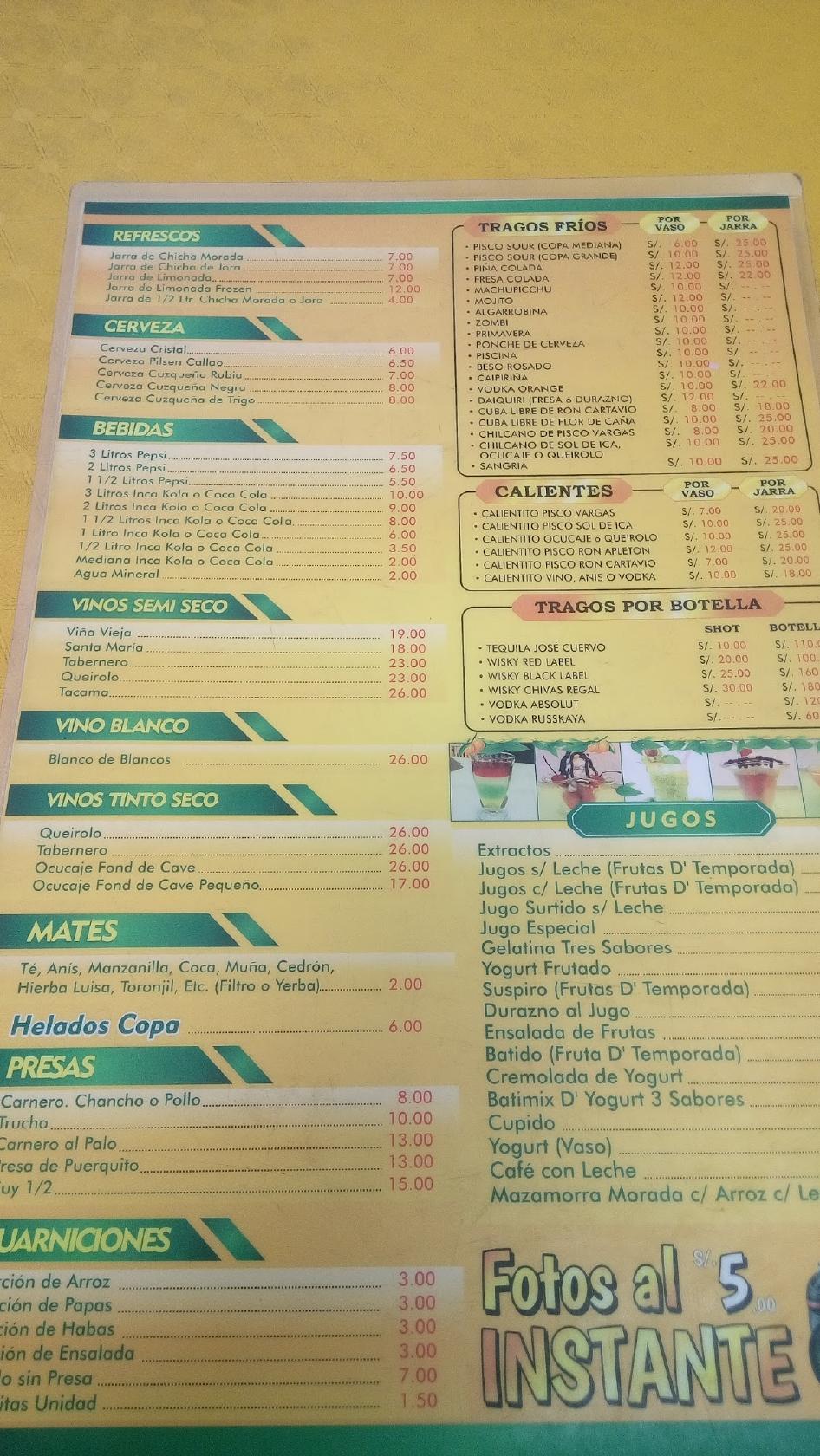 Carta de El Palomar Restaurante Turístico, Huancayo