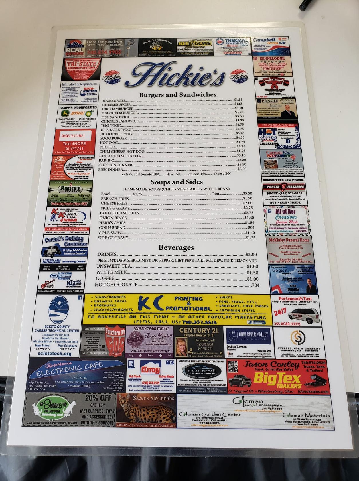 Menu at Hickie's Hamburger Inn fast food, New Boston