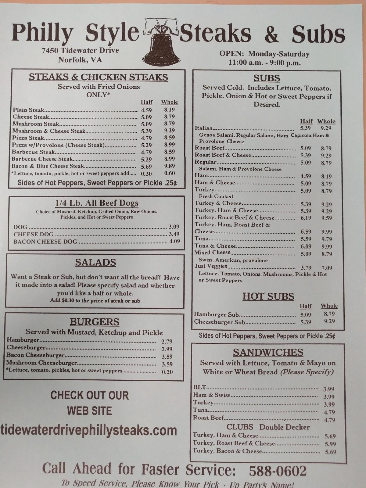 Menu at Philly Style Steaks & Subs restaurant, Norfolk, A Tidewater Dr