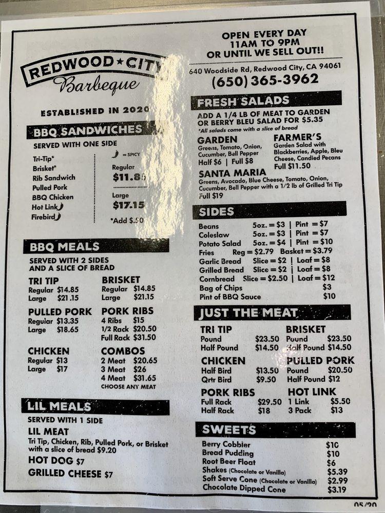Menu at Redwood City Barbeque, Redwood City