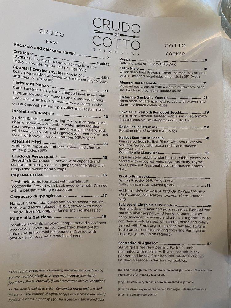 Menu at Crudo & Cotto pub & bar, Tacoma