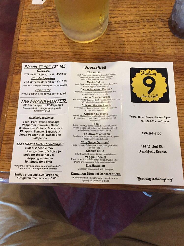 Menu at Highway 9 Pizza and Grill pizzeria, Frankfort