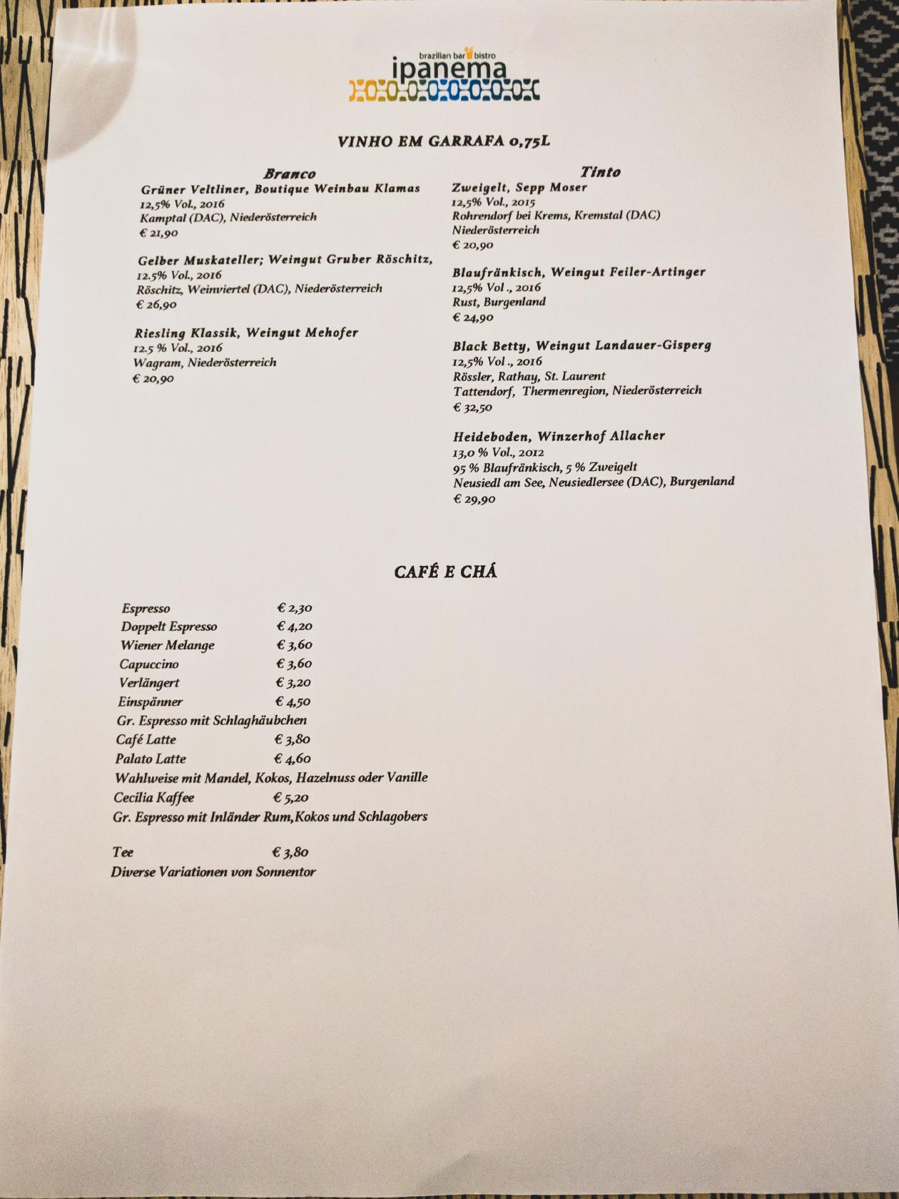 Menu at Ipanema Brazil Bar & Bistro, Vienna