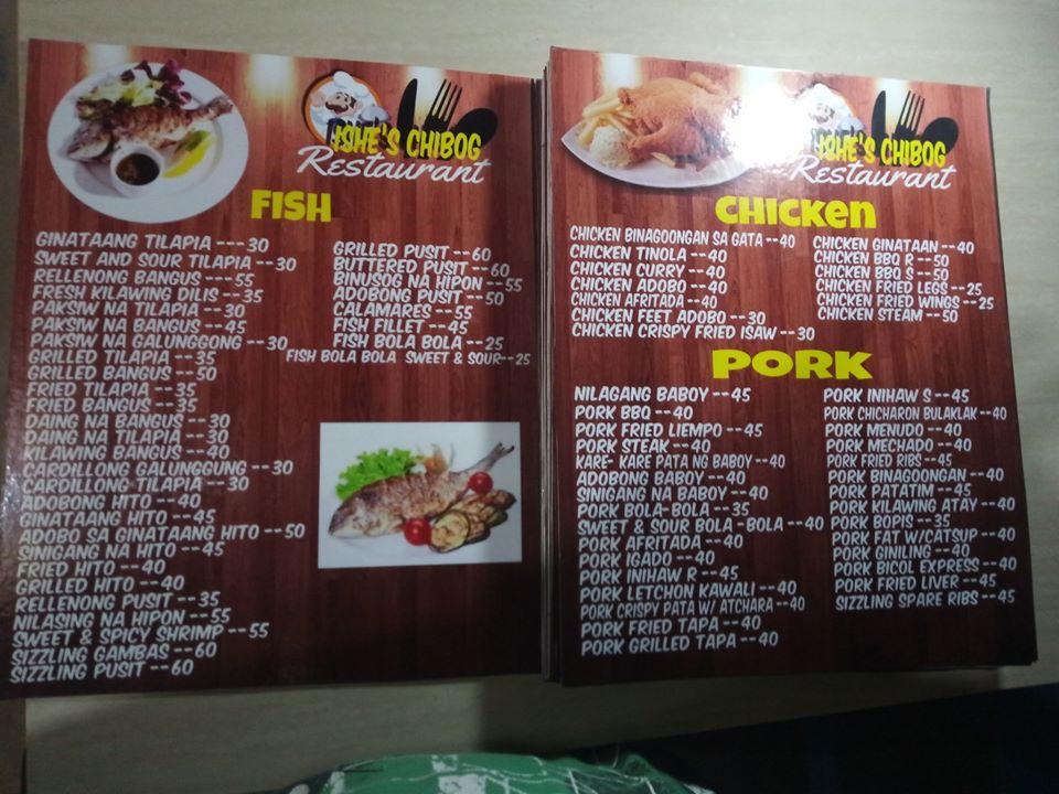 Menu at Ishe's Chibog Restaurant, Tayug