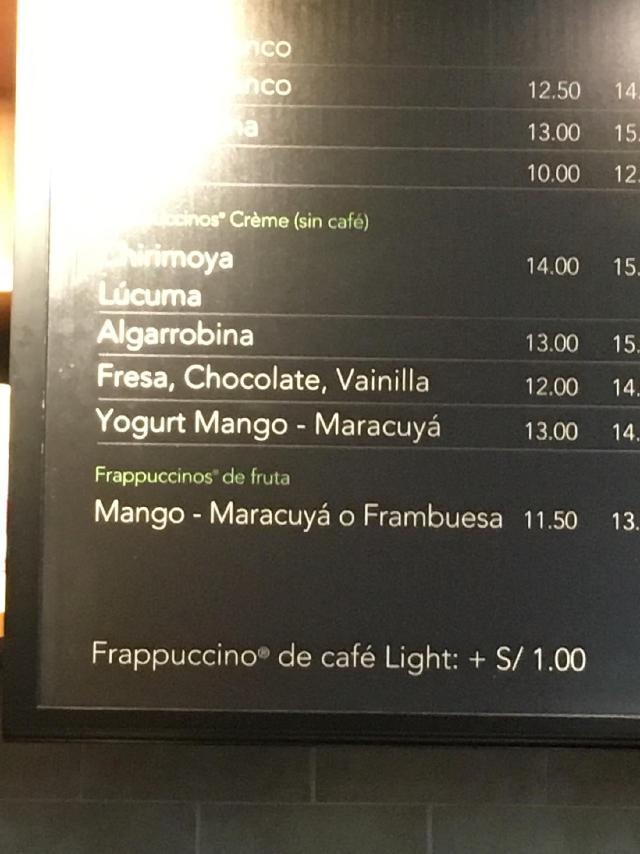 Menu at Starbucks cafeteria, San Isidro, Av. del Parque Sur 105