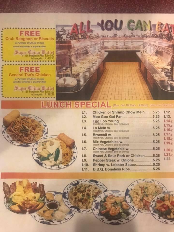Menu at Super China Buffet restaurant, Indianapolis, Pendleton Pike ...