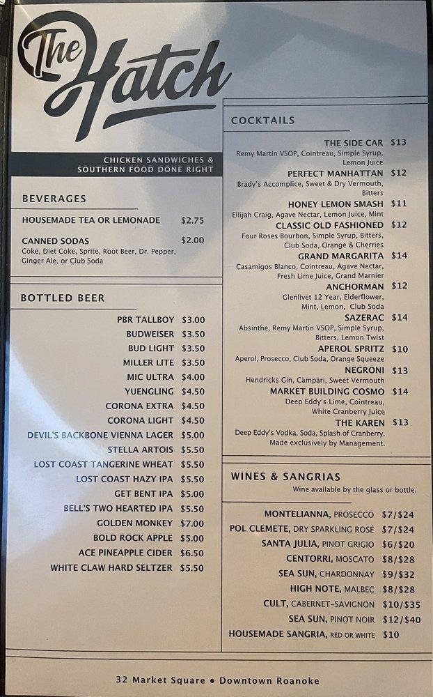Menu at The Hatch restaurant, Roanoke
