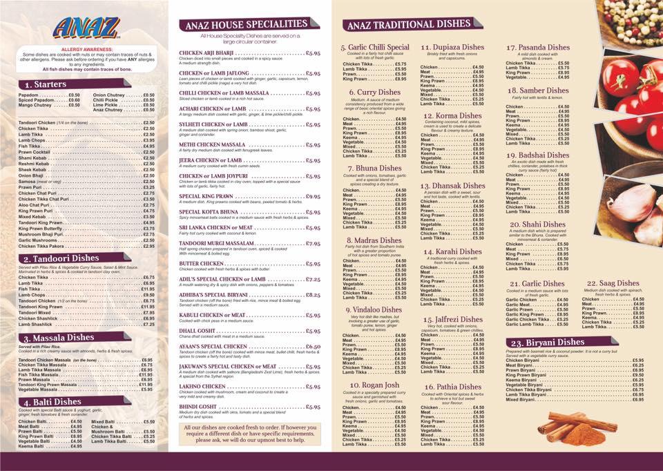 Carta de comida rápida Anaz Takeaway, Colne