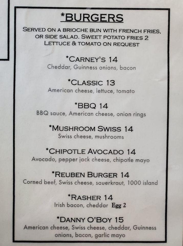 Menu at Carney's Irish Pub & Restaurant, Amityville
