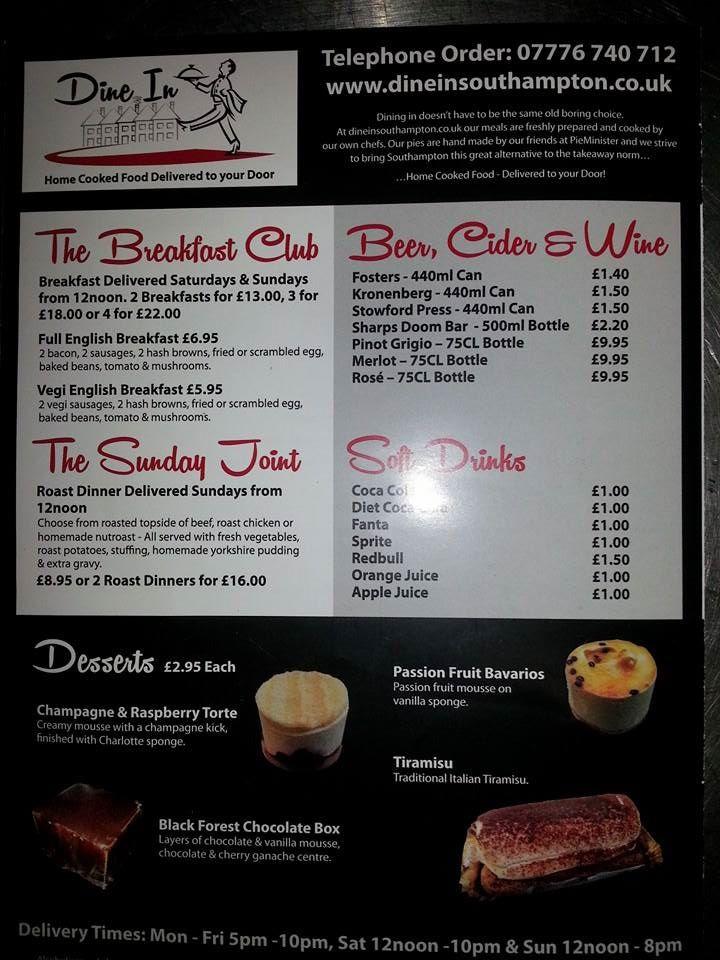 Menu at Dine In restaurant, Southampton